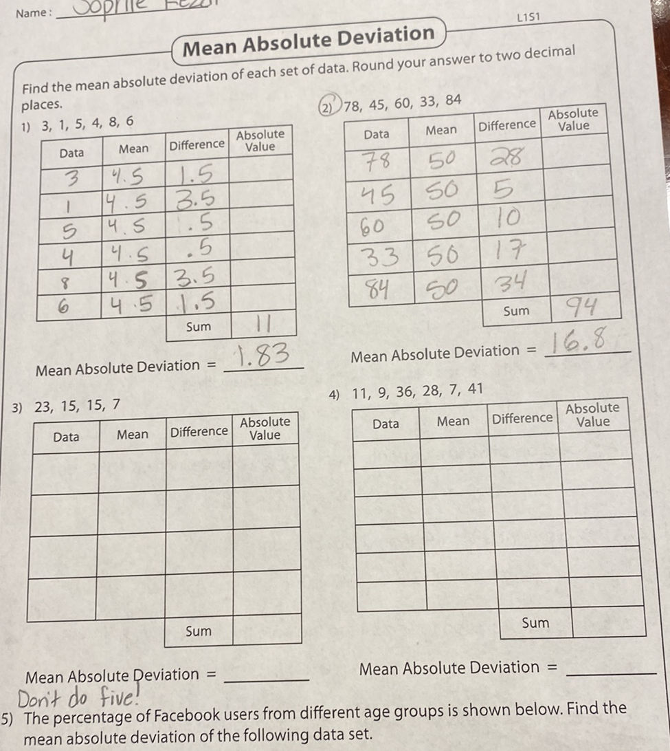 Find the mean absolute deviation of each set | StudyX