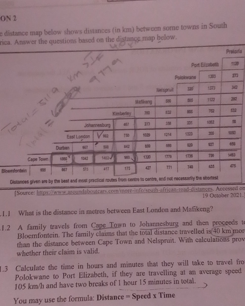 The distance map below shows distances (in | StudyX