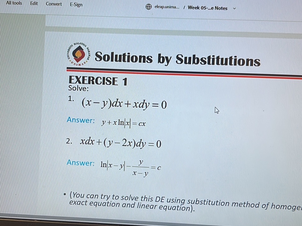 Solve: 1. $(x - y)dx + xdy = 0$ Answer: $y | StudyX