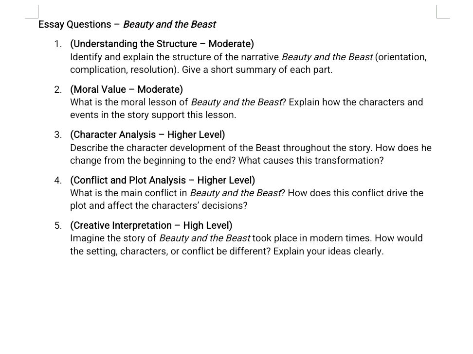 Essay Questions - Beauty and the Beast 1. | StudyX