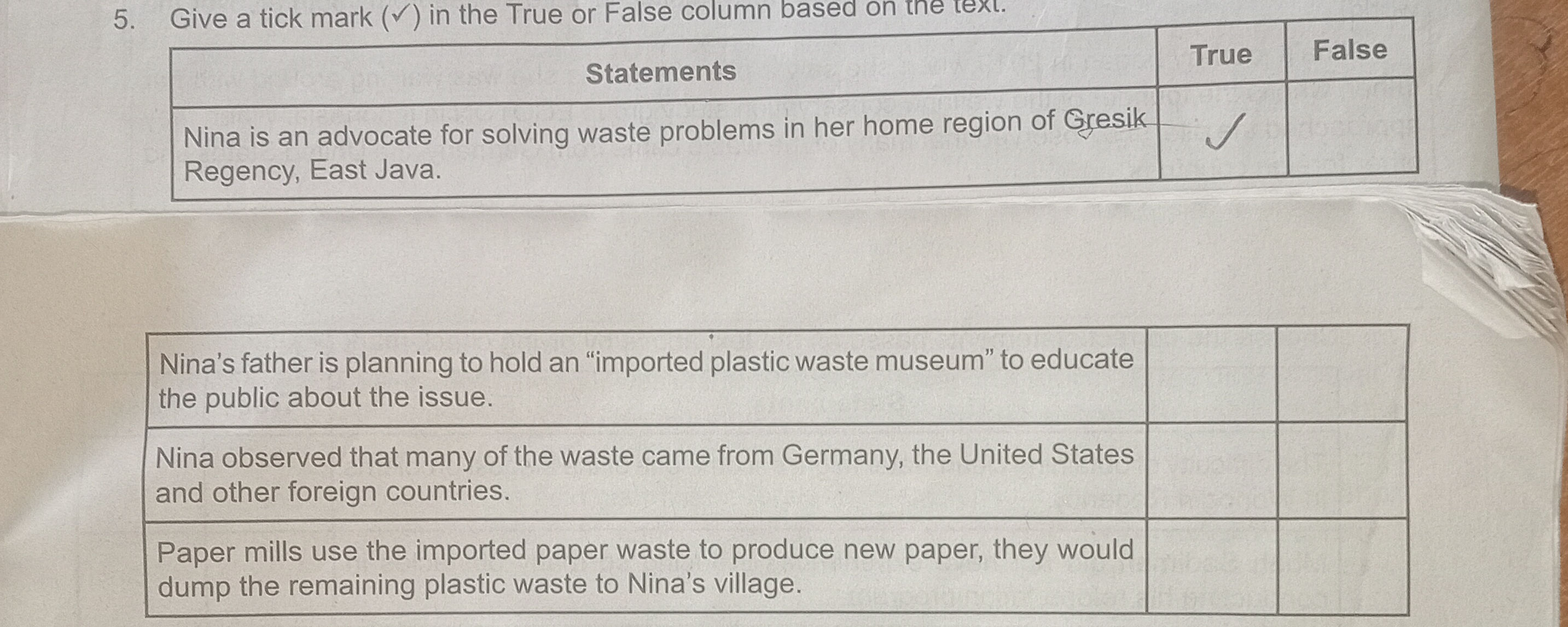 5. Give a tick mark ( ) in the True or False | StudyX