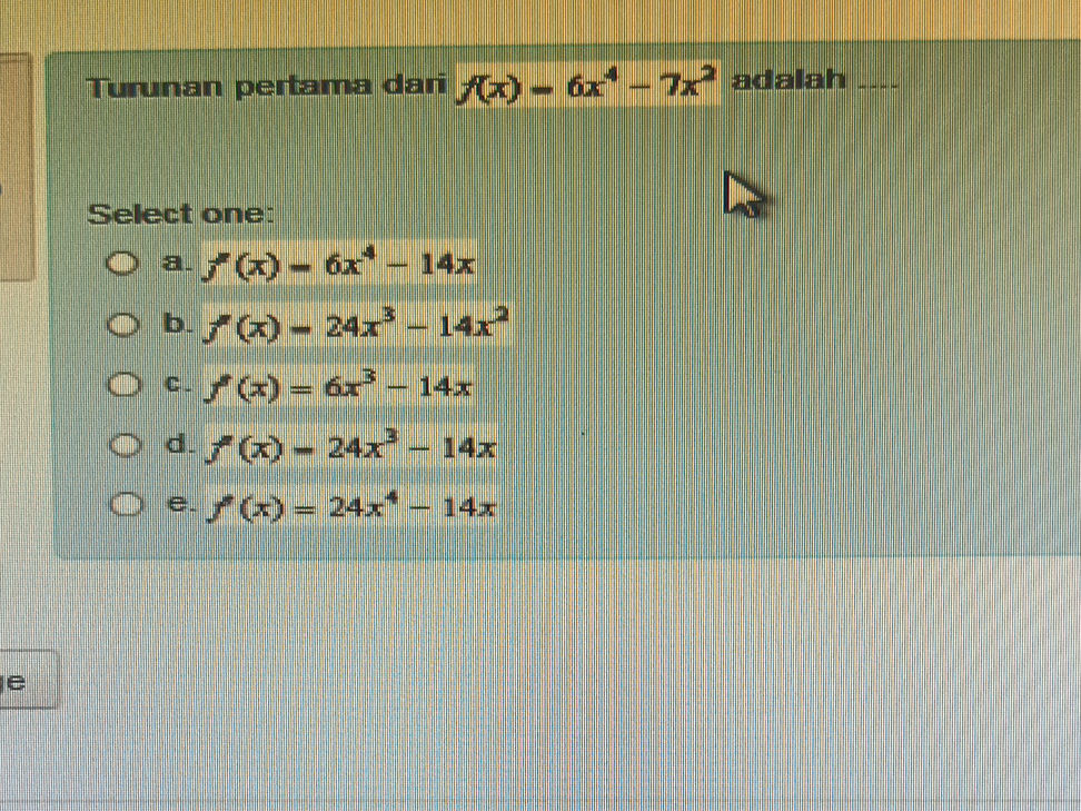 Turunan pertama dari $f(x) = 6x^4 - 7x^2$ | StudyX