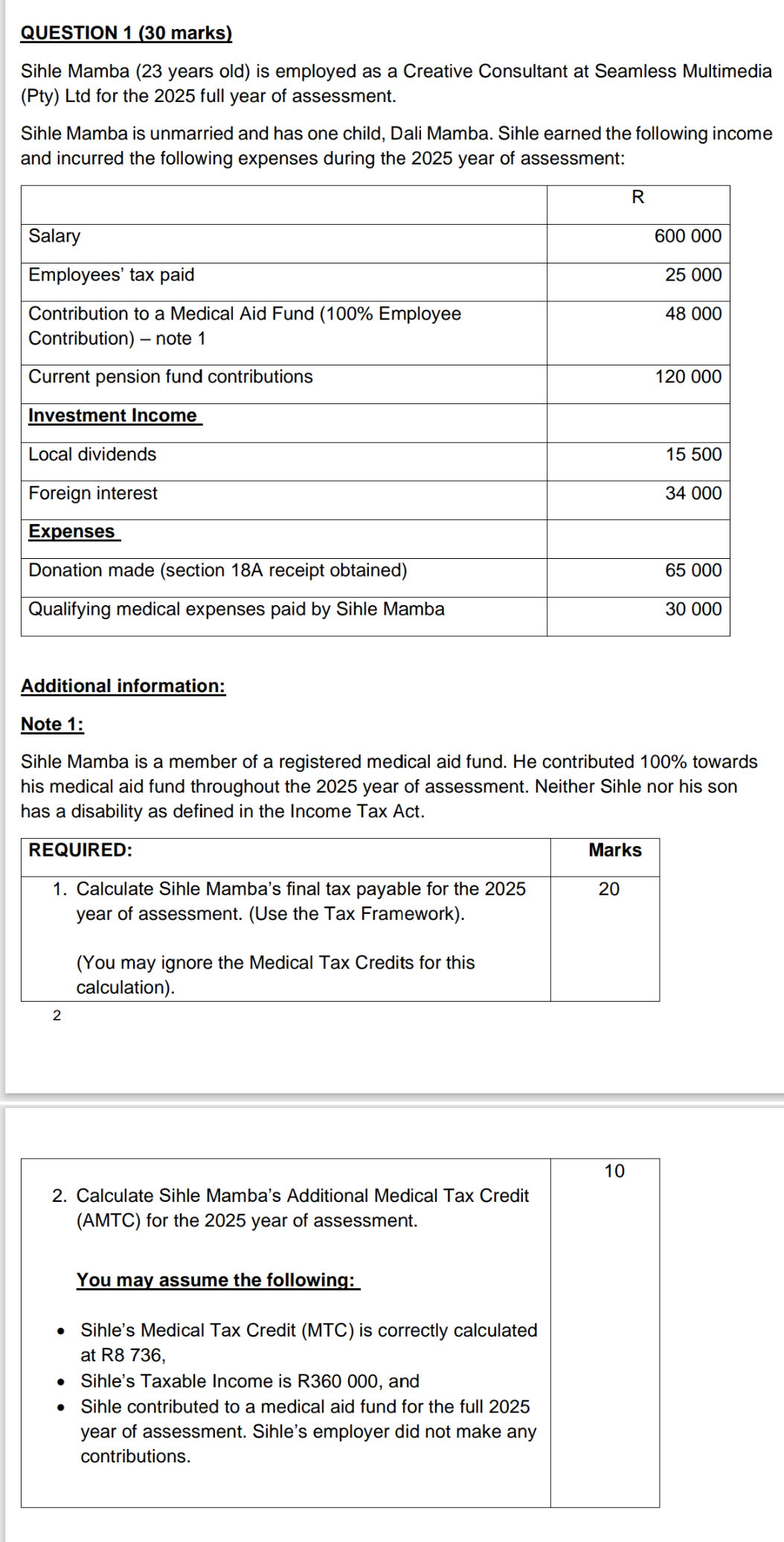 QUESTION 1 (30 marks) Sihle Mamba (23 years | StudyX