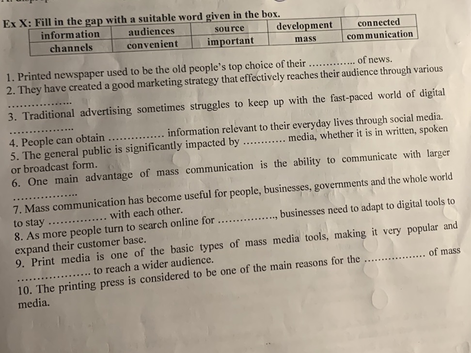 Ex X: Fill in the gap with a suitable word | StudyX