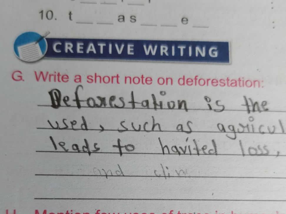 G. Write a short note on deforestation: | StudyX