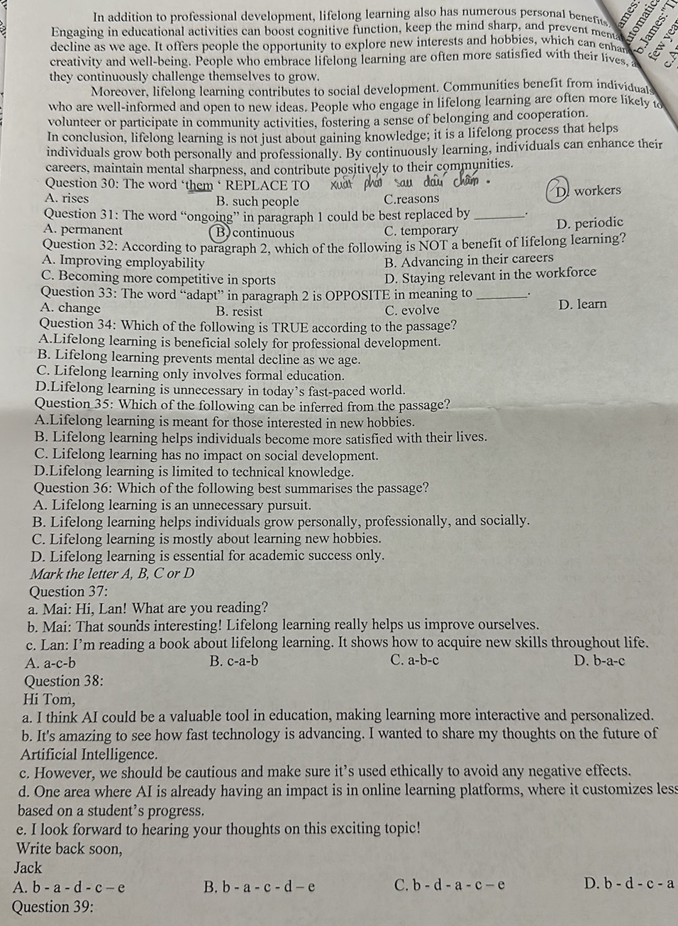 Question 30: The word 'them' REPLACE TO | StudyX