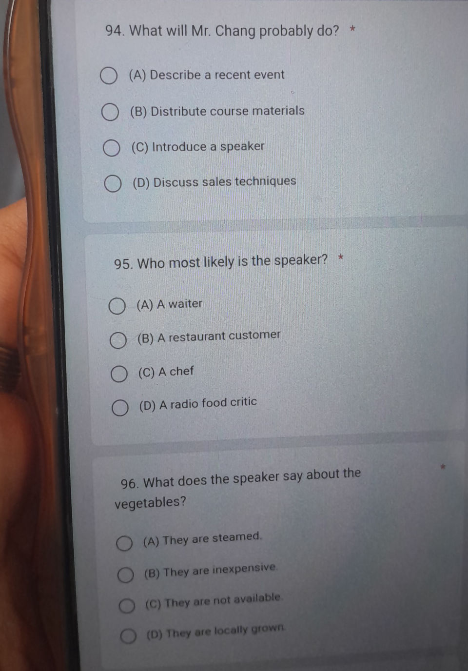 94. What will Mr. Chang probably do? (A) | StudyX
