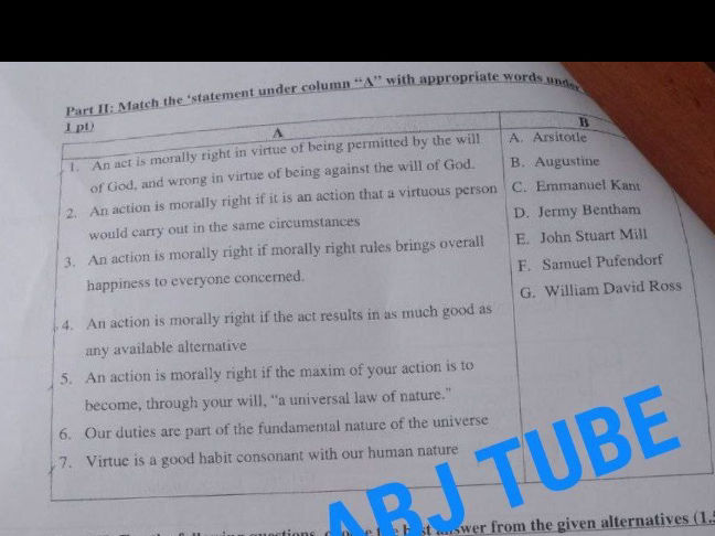 Part II: Match the 'statement under column | StudyX