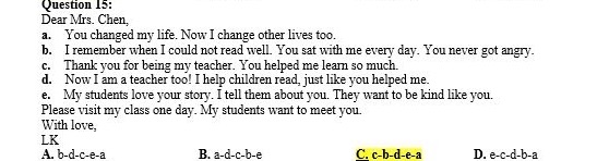 Question 15: Dear Mrs. Chen, a. You changed | StudyX