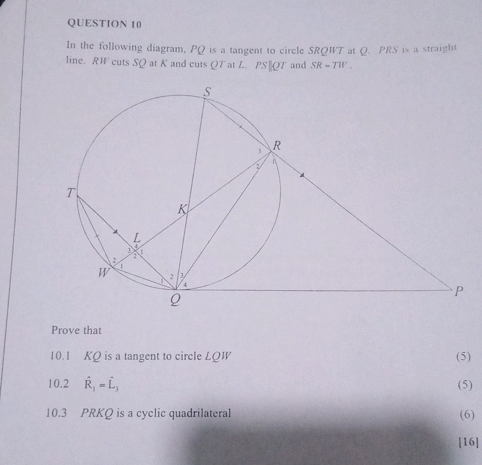 QUESTION 10 In the following diagram, $PQ$ | StudyX