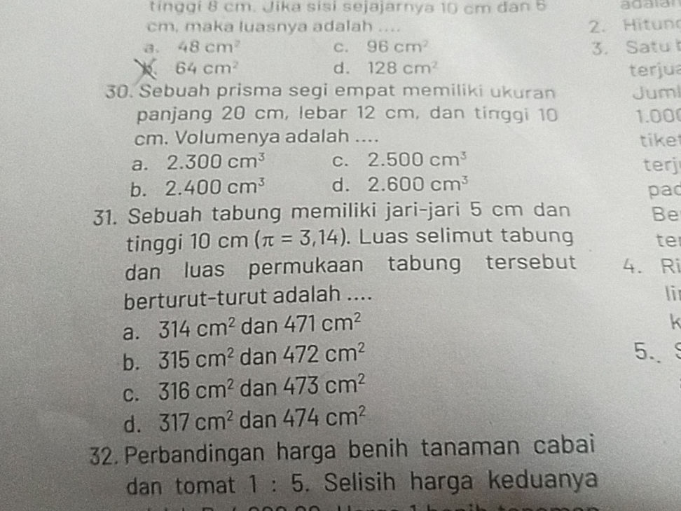 30. Sebuah prisma segi empat memiliki ukuran | StudyX