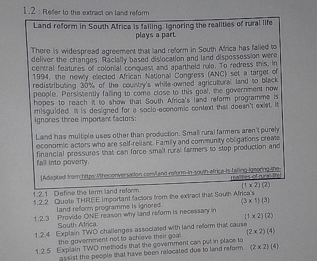 1.2: Refer to the extract on land reform | StudyX