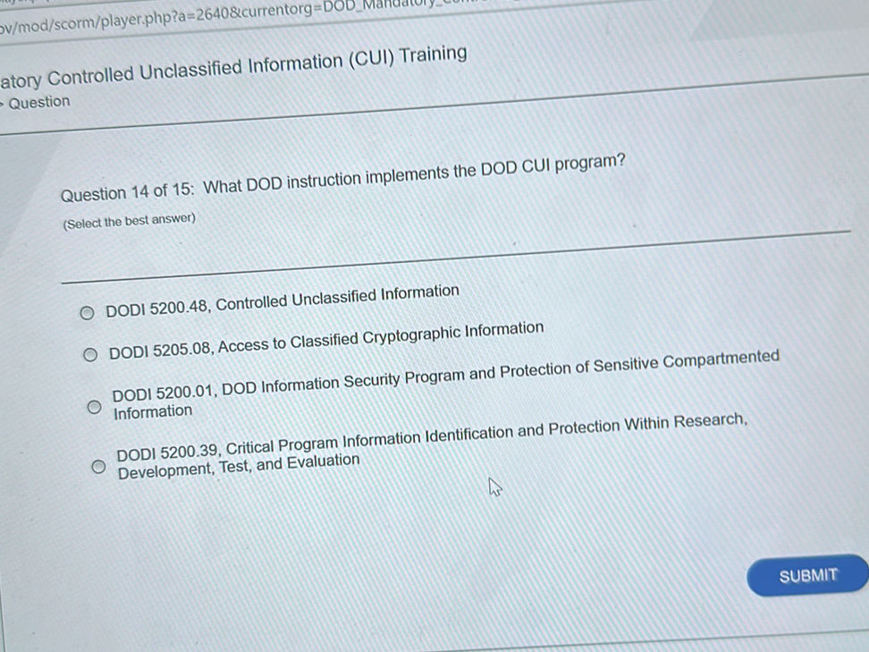 Question 14 of 15: What DOD instruction