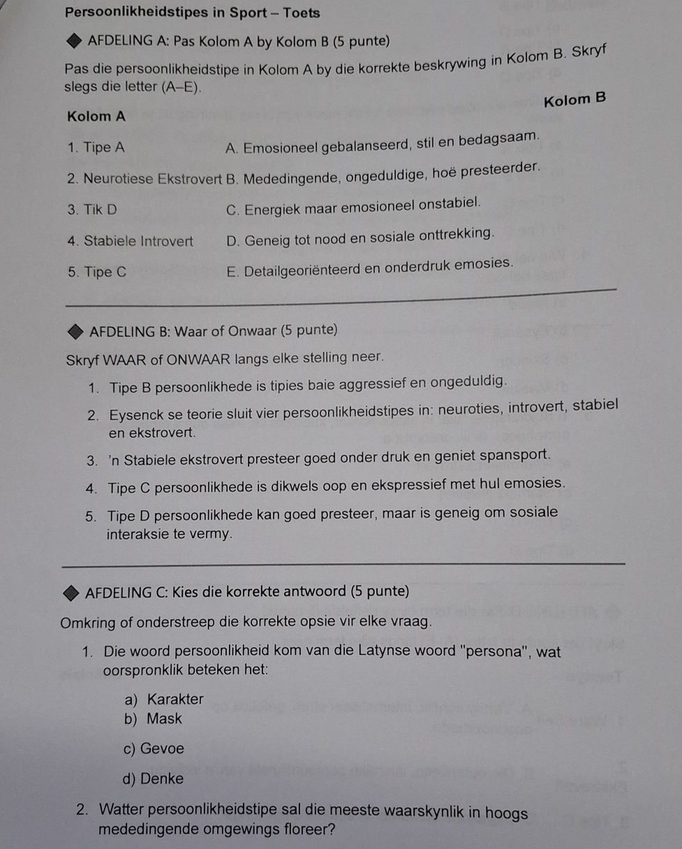 AFDELING A: Pas Kolom A by Kolom B (5 punte) | StudyX