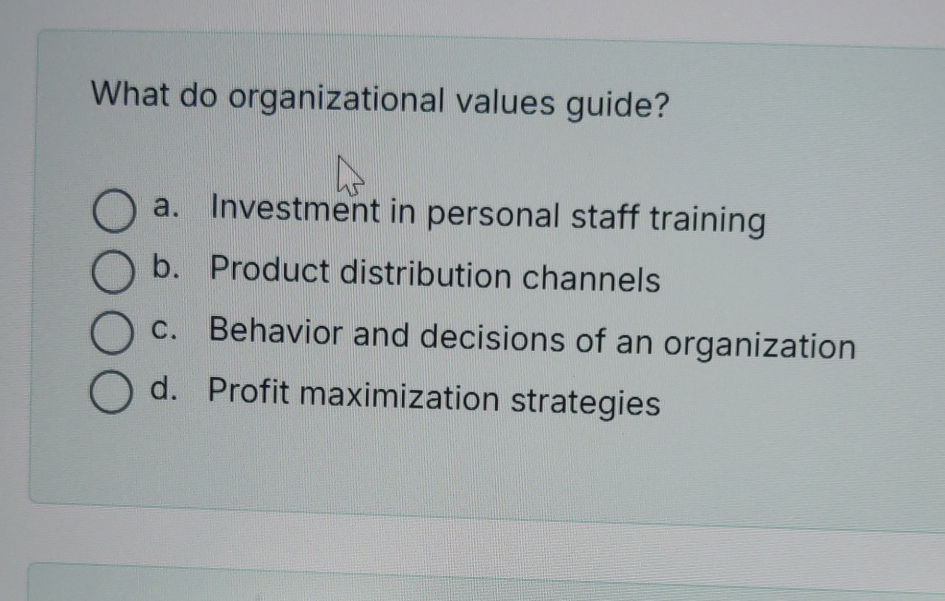 What do organizational values guide? a. | StudyX