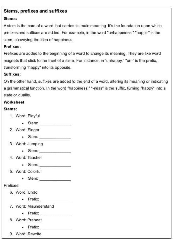 Stems, prefixes and suffixes Stems: A stem | StudyX