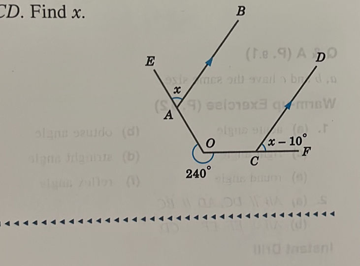 Find x. In the diagram, the angle at point O