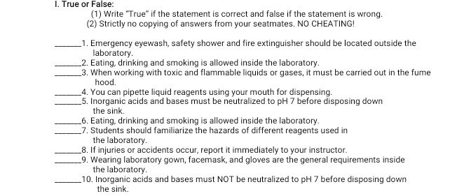 I. True or False: (1) Write "True" if the | StudyX