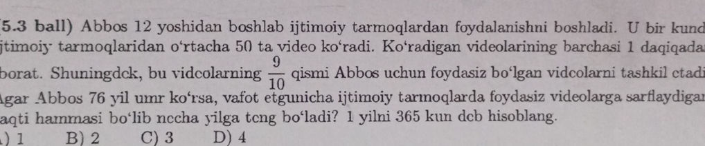 (5.3 ball) Abbos 12 yoshidan boshlab | StudyX