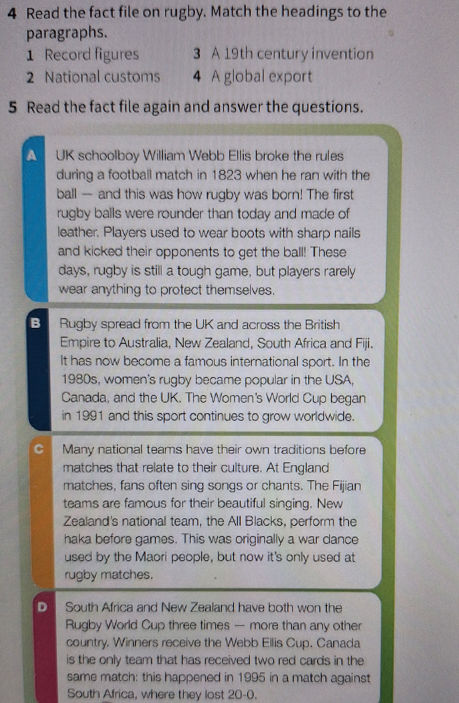 4 Read the fact file on rugby. Match the | StudyX