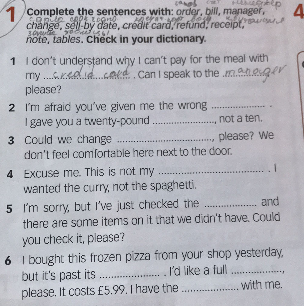 Complete the sentences with: order, bill, | StudyX