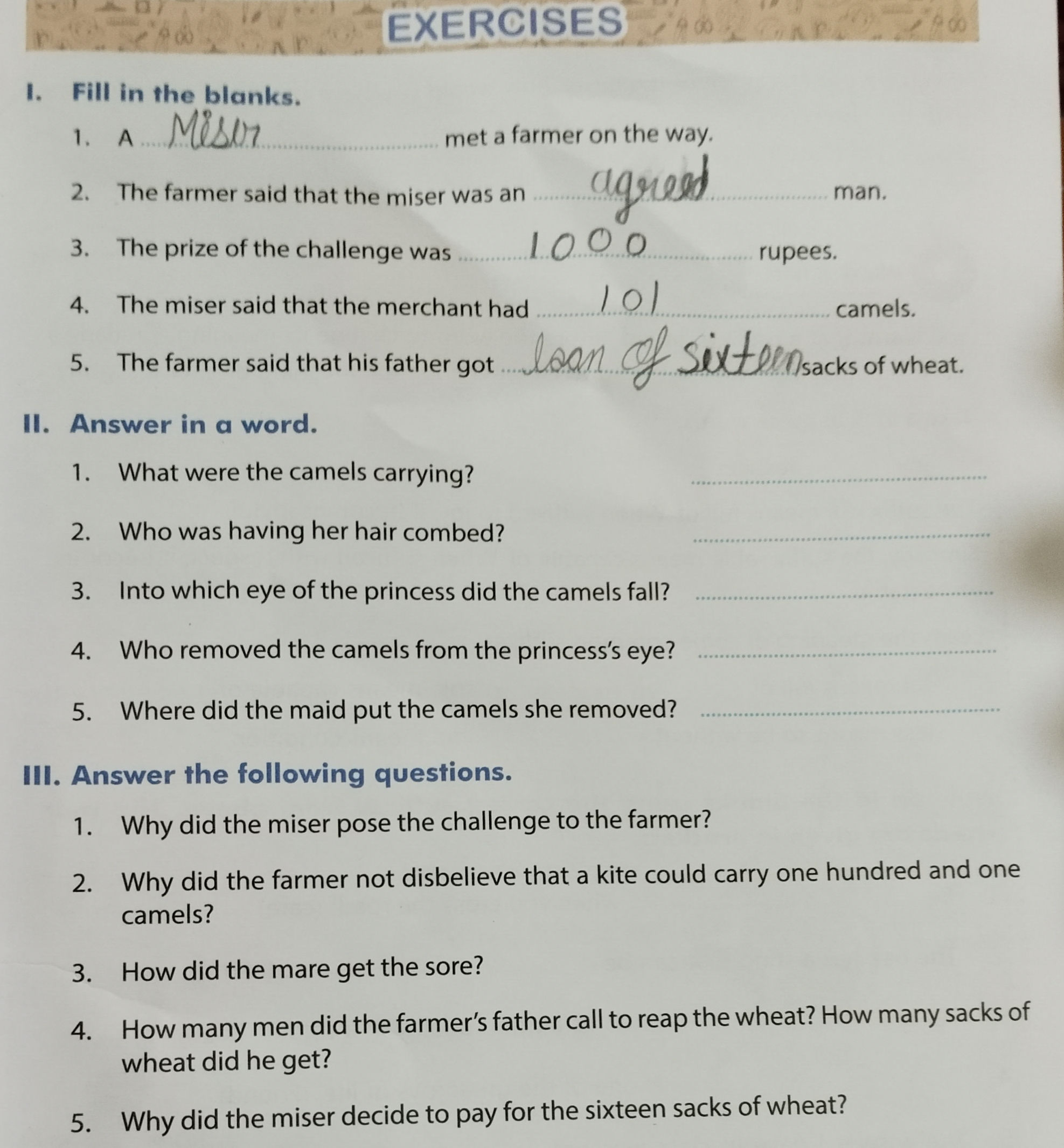 I. Fill in the blanks. 1. A Miser met a | StudyX