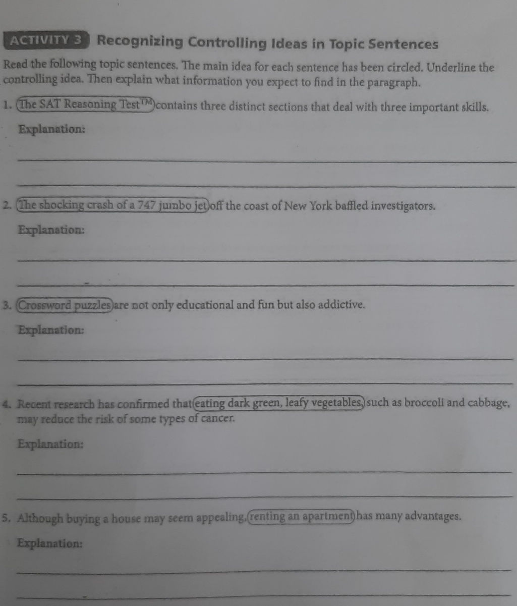 Read the following topic sentences. The main | StudyX