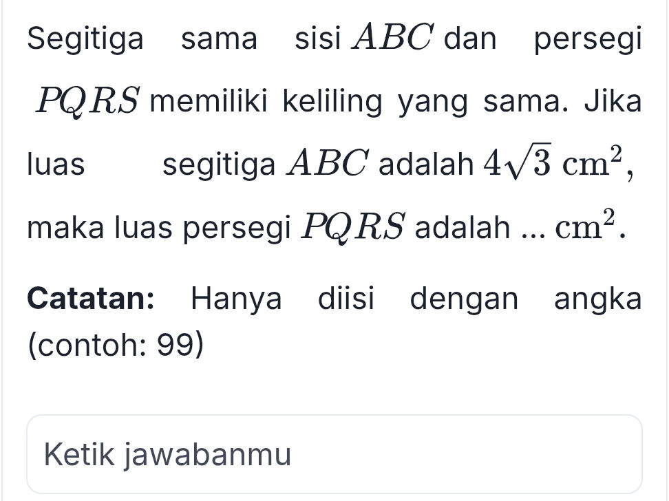 Segitiga sama sisi $ABC$ dan persegi $PQRS$ | StudyX