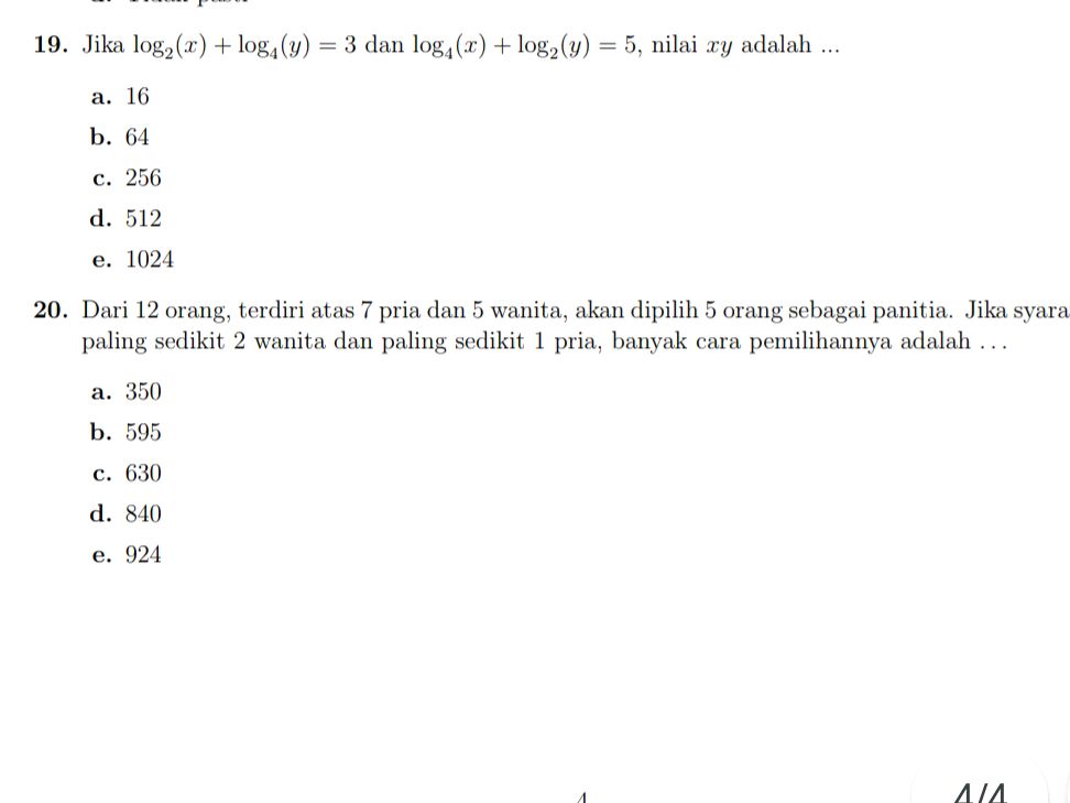 19. Jika $_2(x) + _4(y) = 3$ dan $_4(x) + | StudyX