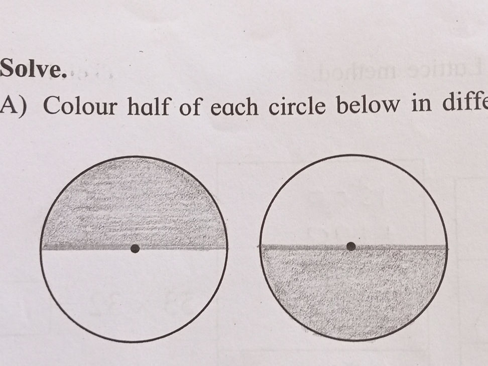 A) Colour half of each circle below in | StudyX