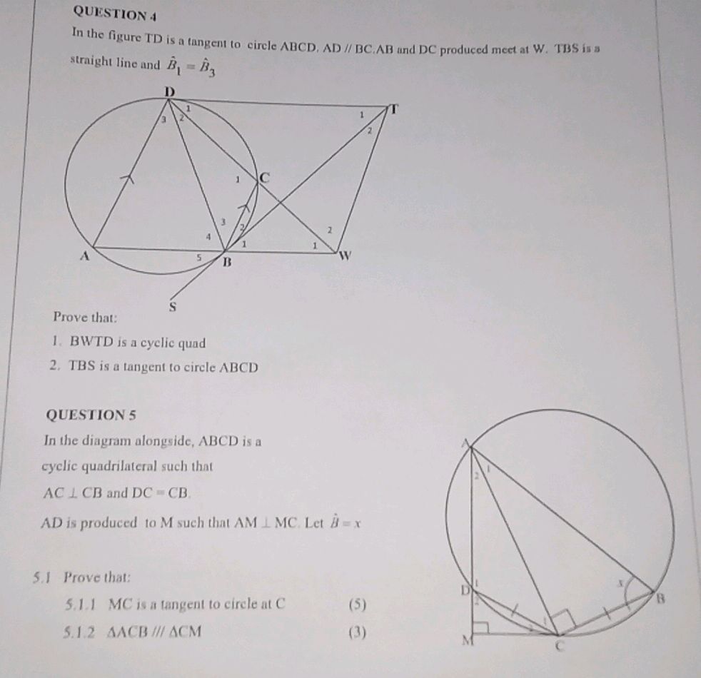 QUESTION 4 In the figure TD is a tangent to | StudyX