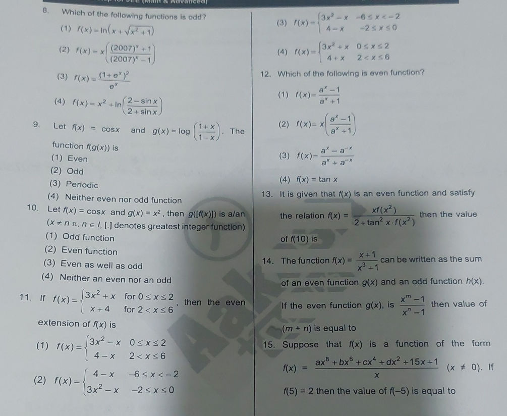 8. Which of the following functions is odd? | StudyX