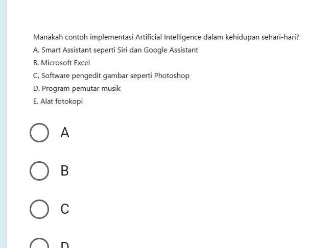 Manakah contoh implementasi Artificial | StudyX