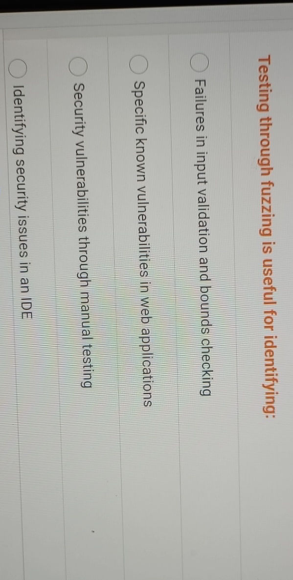 Testing through fuzzing is useful for | StudyX