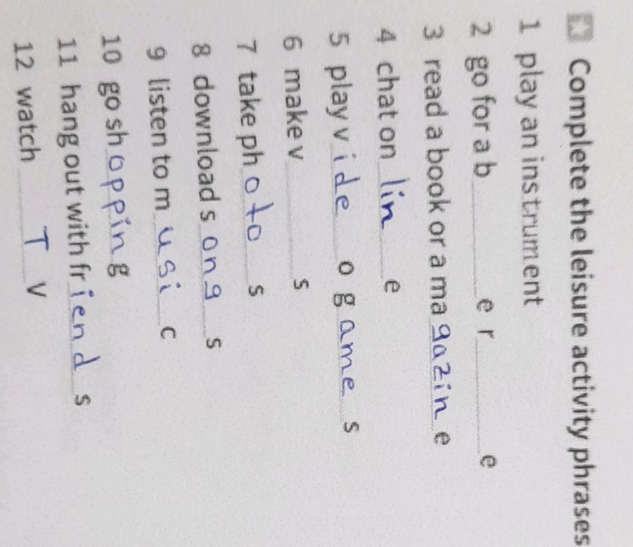 Complete the leisure activity phrases 1 | StudyX