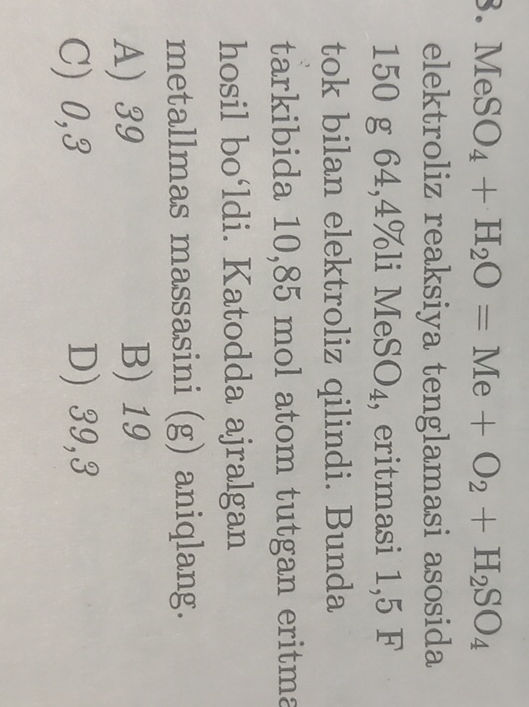 3. $MeSO_4 + H_2O = Me + O_2 + H_2SO_4$ | StudyX