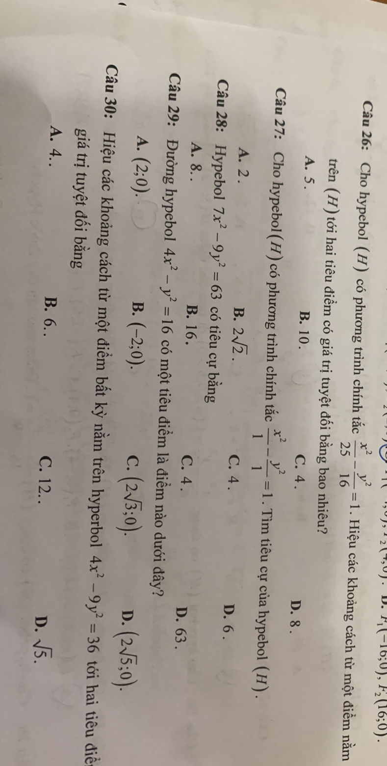 Câu 26: Cho hypebol (H) có phương trình | StudyX