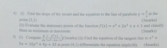 e) (i) Find the slope of the secant and the | StudyX
