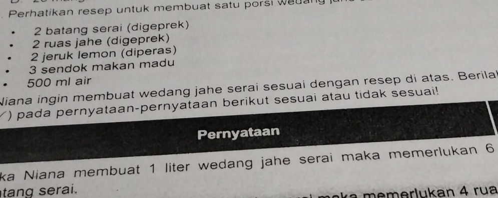 Perhatikan resep untuk membuat satu porsi | StudyX