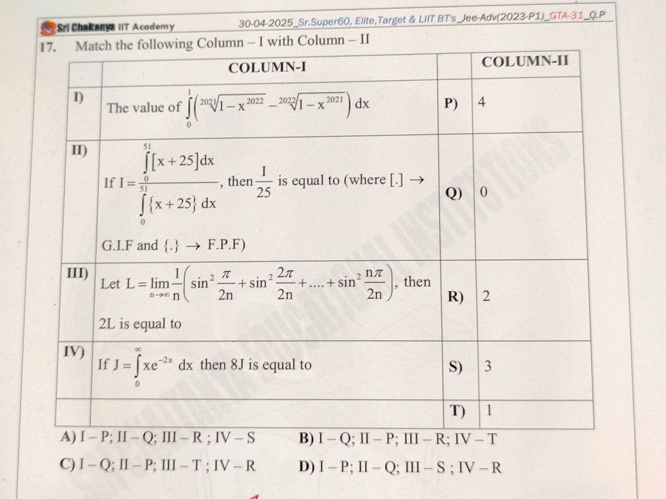 Match the following Column - I with Column – | StudyX