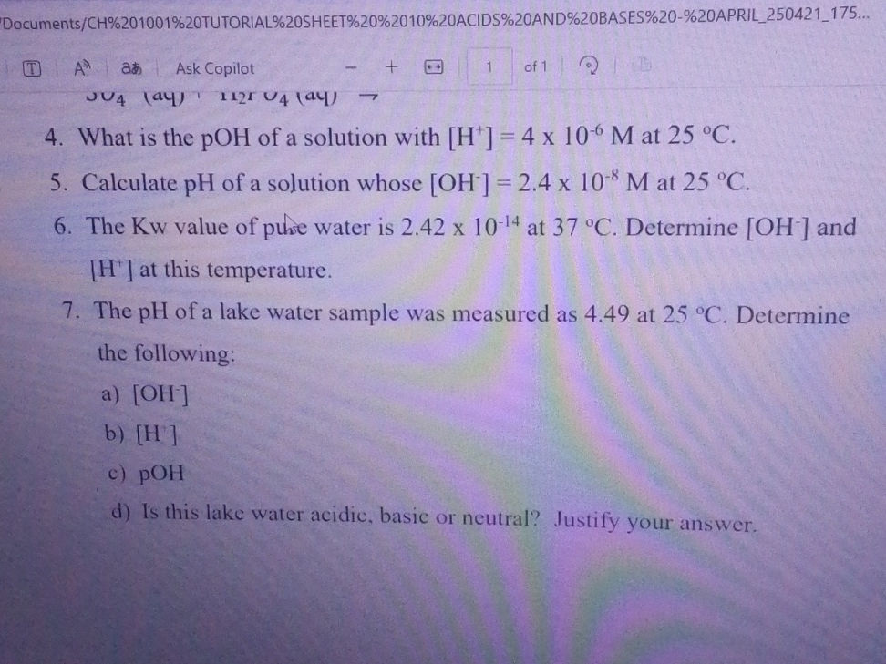 4. What is the pOH of a solution with $[H^+] | StudyX