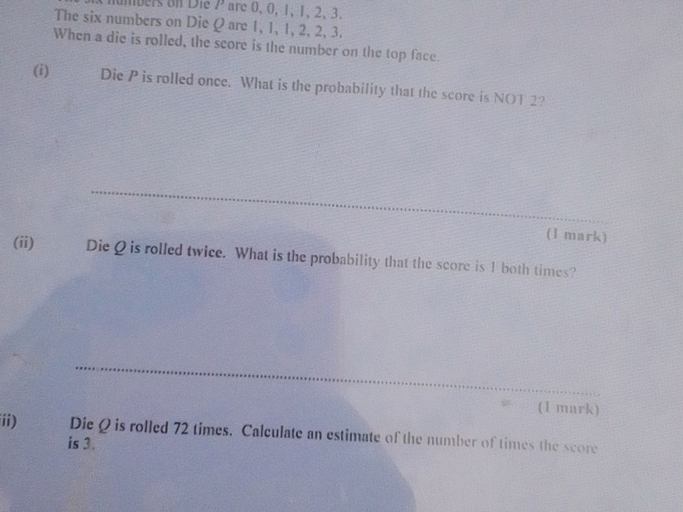(i) Die P is rolled once. What is the | StudyX