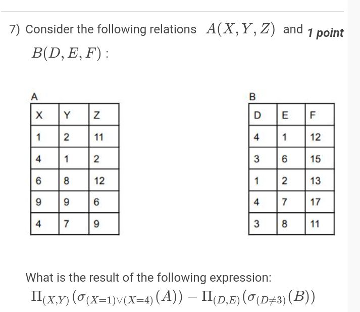 7) Consider the following relations $A(X, Y, | StudyX