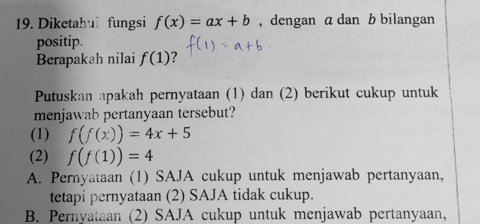 19. Diketahui fungsi $f(x) = ax + b$, dengan | StudyX