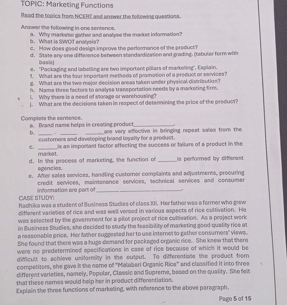 TOPIC: Marketing Functions Read the topics | StudyX