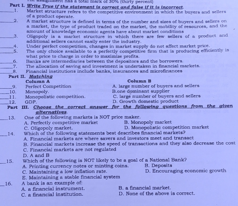 Part I. Write True if the statement is | StudyX