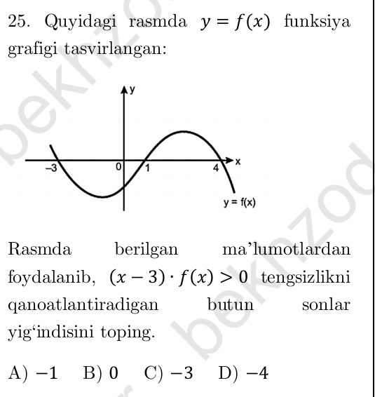 25. Quyidagi rasmda $y = f(x)$ funksiya | StudyX