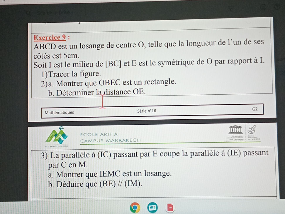Exercice 9: ABCD est un losange de centre O, | StudyX