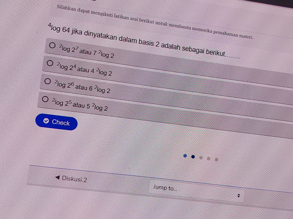 $^{4}log 64$ jika dinyatakan dalam basis 2 | StudyX