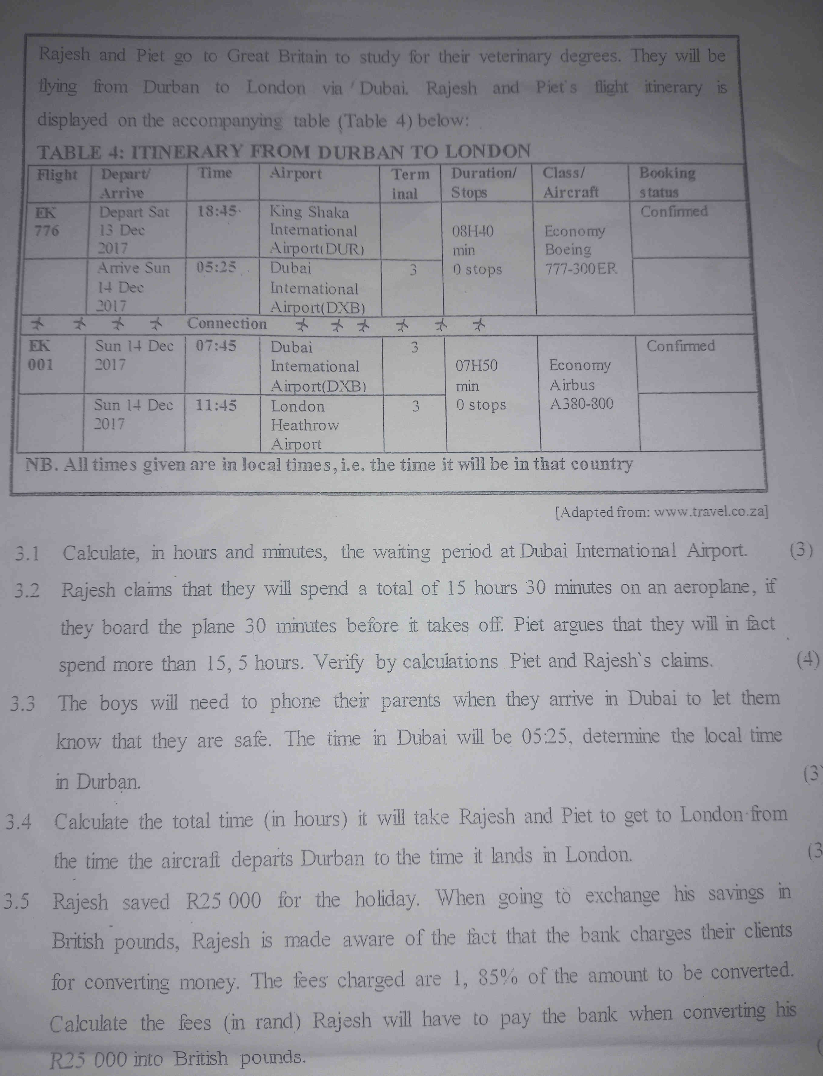 TABLE 4: ITINERARY FROM DURBAN TO LONDON | | StudyX